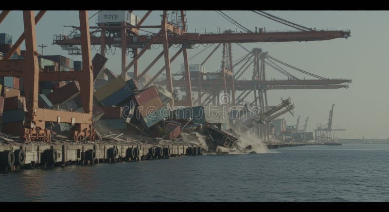 Cargo Containers Collapsed at Port with Cranes Aftermath Scene Stock ...