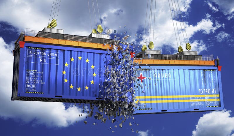 Cargo Containers with Flags of European Union and Aruba Stock ...