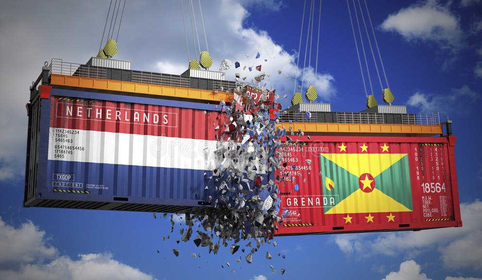 Cargo Containers with Flags of Netherlands and Grenada Stock ...