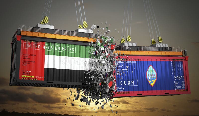 Cargo Containers with Flags of United Arab Emirates and Guam Stock ...
