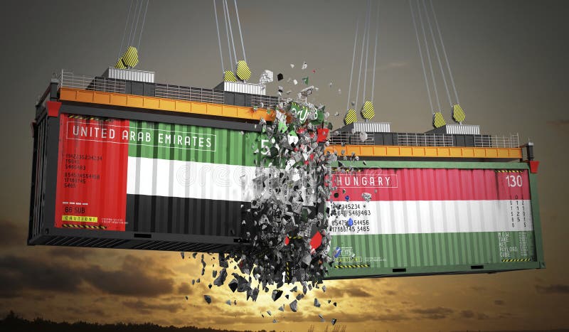Cargo Containers with Flags of United Arab Emirates and Hungary Stock ...