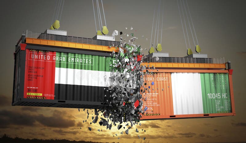 Cargo Containers with Flags of United Arab Emirates and Ivory Coast ...