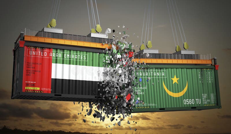 Cargo Containers with Flags of United Arab Emirates and Mauritania ...