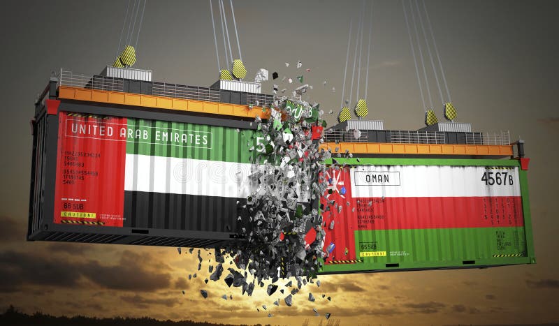 Cargo Containers with Flags of United Arab Emirates and Oman Stock ...