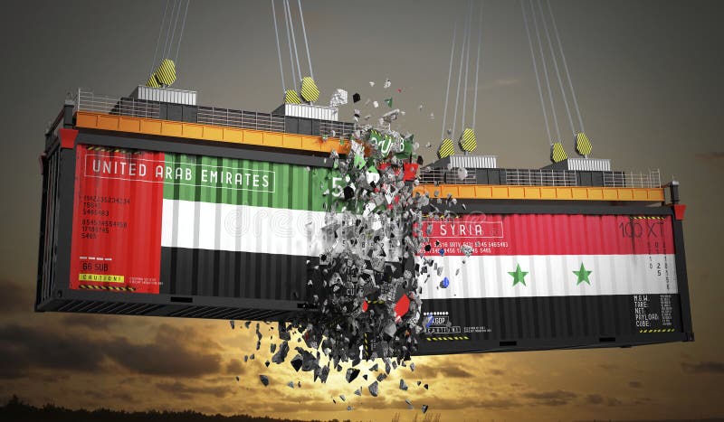 Cargo Containers with Flags of United Arab Emirates and Syria Stock ...