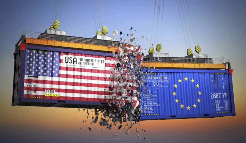 Cargo Containers with Flags of USA and European Union Stock ...