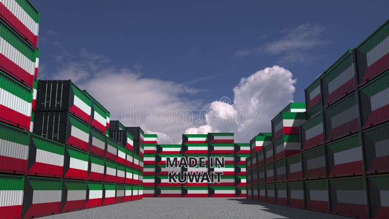 Cargo Containers with MADE in KUWAIT Text and National Flags. Kuwaiti ...