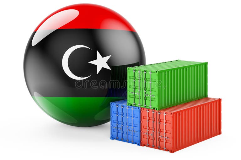 Cargo Containers with Libyan Flag. Freight Shipping in Libya, 3D ...
