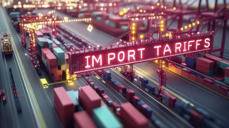 Cargo Containers at a Port with an Illuminated Sign Indicating Import ...