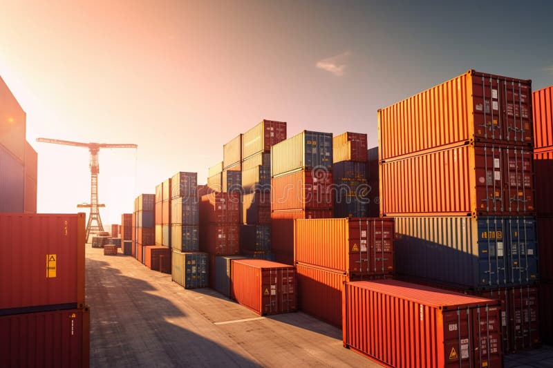 Cargo Containers in a Port at Night. 3D Rendering Stock Illustration ...