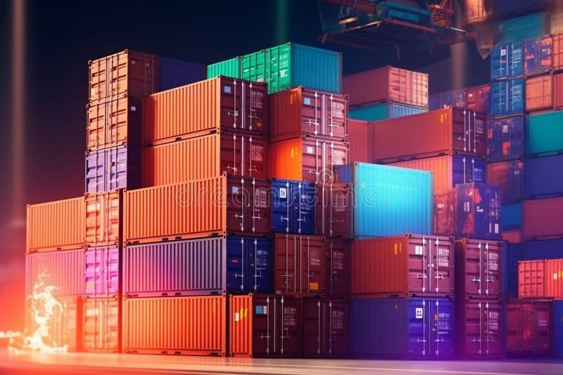 Cargo Containers in a Port at Night. 3D Rendering Stock Illustration ...