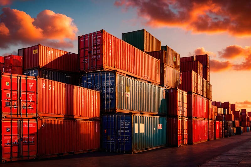 Cargo Containers in Port at Sunrise Stock Illustration - Illustration ...