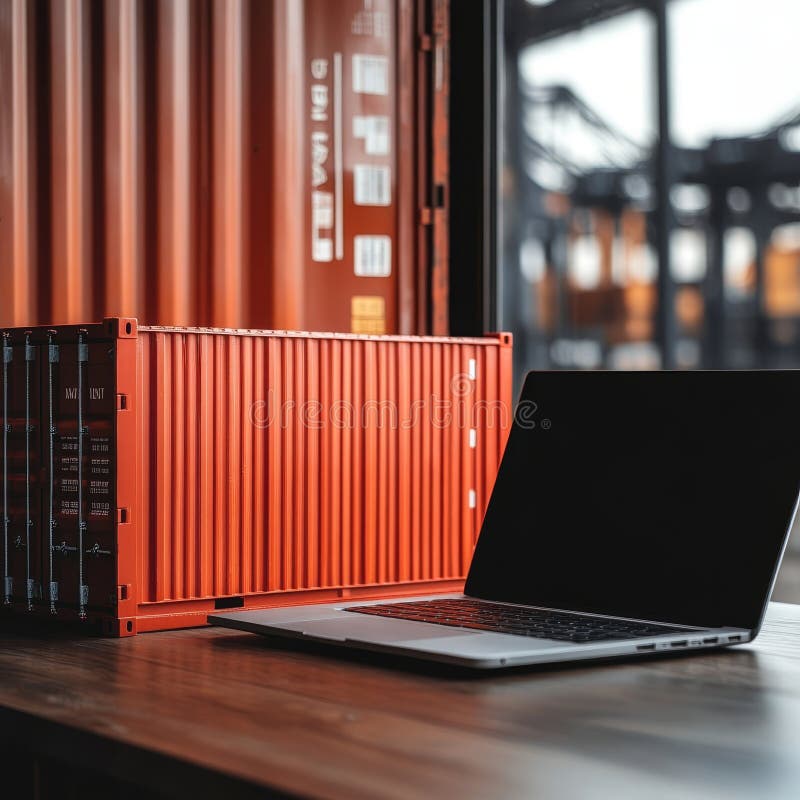 Cargo Containers Positioned beside a Laptop, Symbolizing Global Trade ...