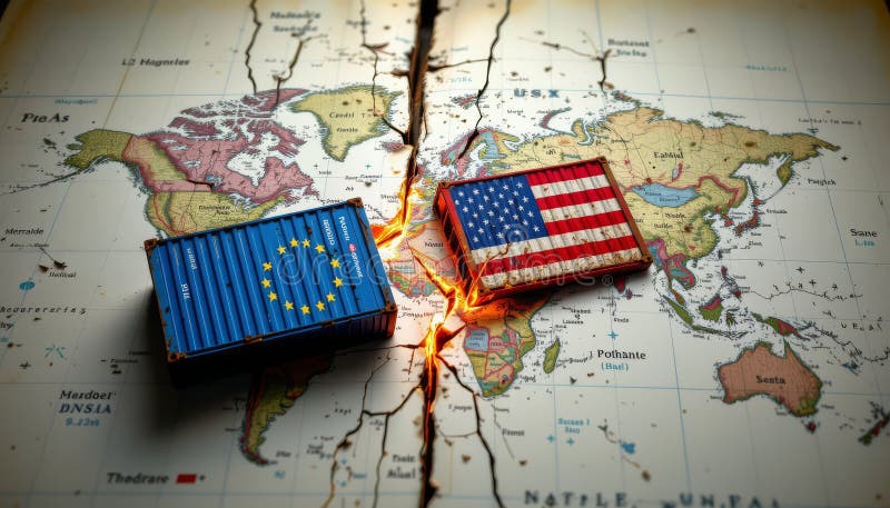 Cargo Containers Representing EU and US Trade on Cracked World Map ...
