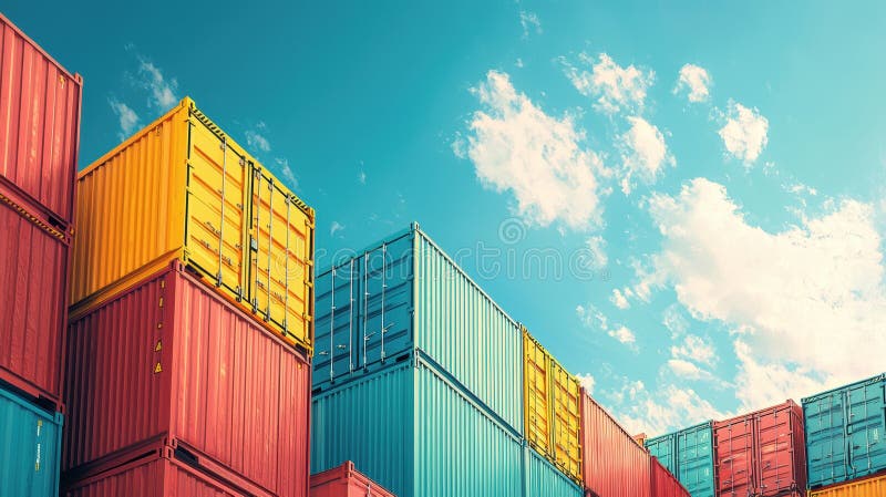 Cargo Containers Stacked Against a Blue Sky Stock Illustration ...