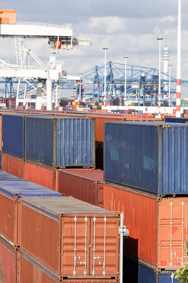 Row of Cargo Containers Stacked at Harbor Stock Image - Image of ...