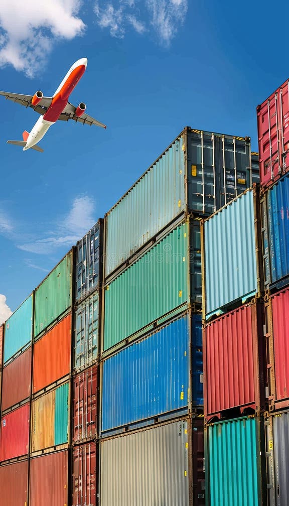 A Cargo Containers Stacked High with an Airplane Flying Stock ...