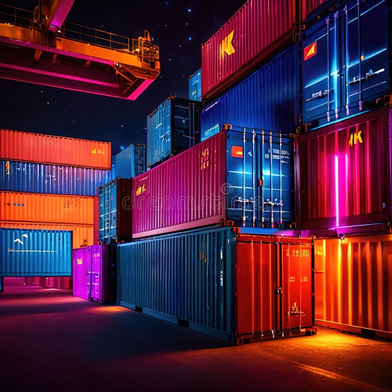 Cargo Containers Stacked, High Technology Modern Advanced Shipping Tech ...