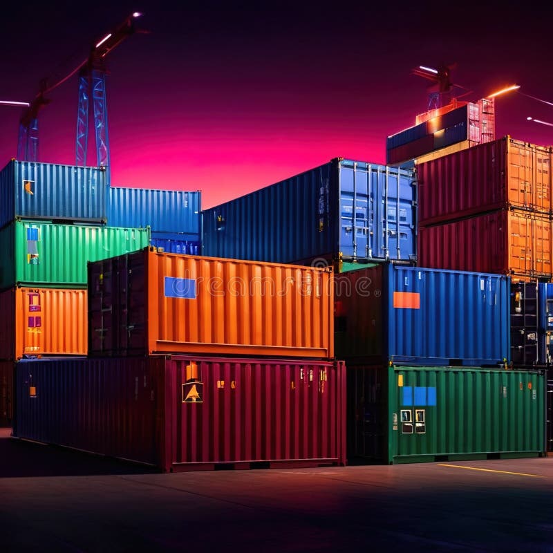 Cargo Containers Stacked, High Technology Modern Advanced Shipping Tech ...