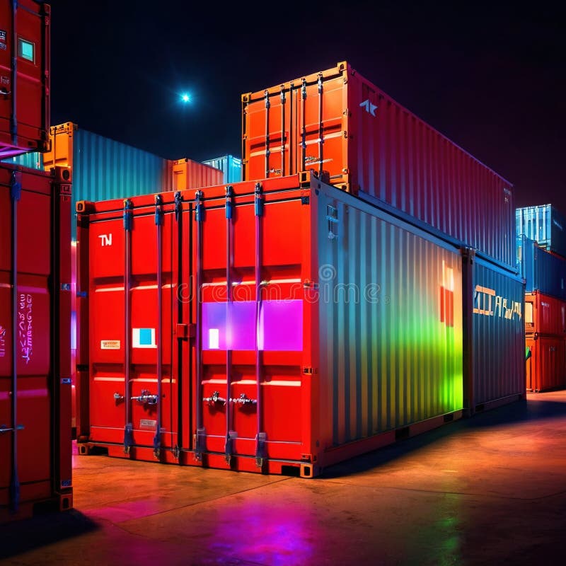 Cargo Containers Stacked, High Technology Modern Advanced Shipping Tech ...