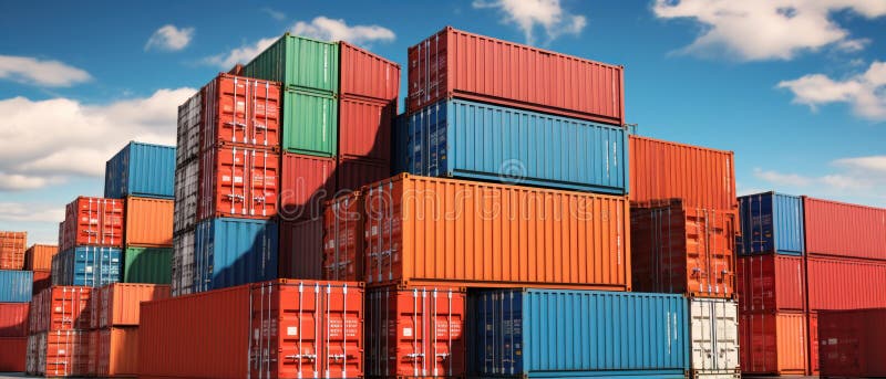 Cargo Containers. Stacked Cargo Containers in Port. Warehouse. Container Loading. Set of Cargo ...