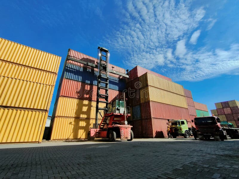 Cargo Containers are Stacked Using Tall Side Loaders Stock Photo ...