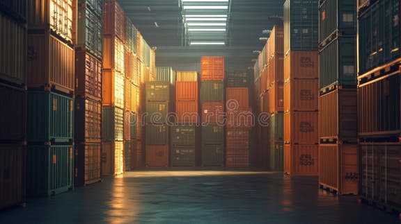 Cargo Containers Stacked in a Warehouse Corridor Stock Illustration ...