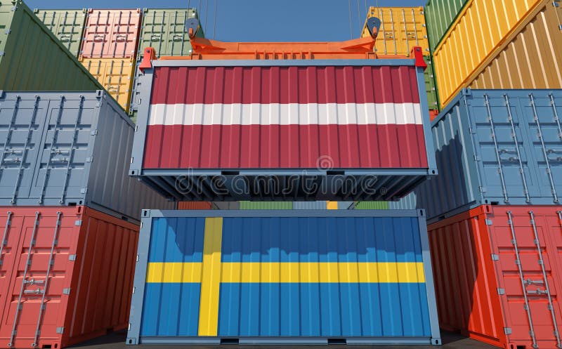 Cargo Containers with Sweden and Latvia National Flags. Stock ...