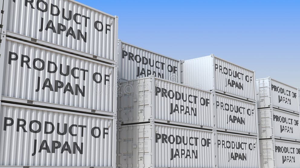 Cargo Containers with PRODUCT of JAPAN Text in a Container Terminal, 3D ...