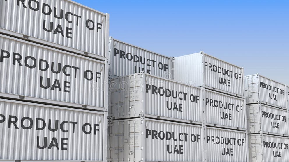 Containers with PRODUCT of UAE Text in a Container Terminal, 3D ...
