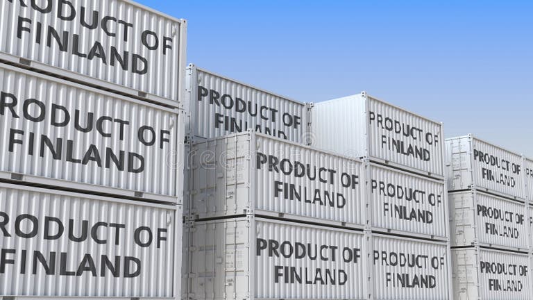 Containers with PRODUCT of FINLAND Text in a Container Terminal, 3D ...