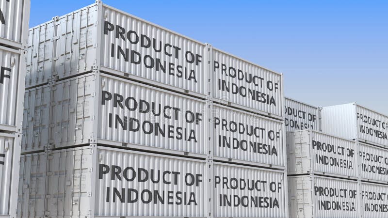 Containers with PRODUCT of INDONESIA Text in a Container Terminal, 3D ...