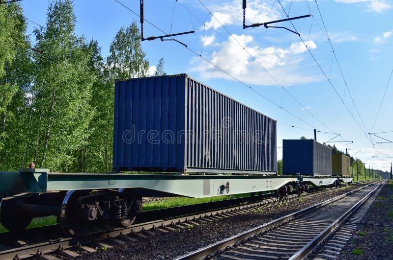 Cargo Containers Transportation on Freight Train by Railway. Intermodal ...