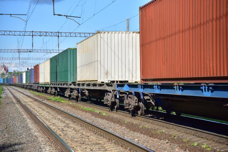 Cargo Containers Transportation on Freight Train by Railway. Intermodal ...