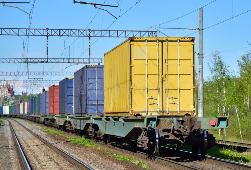 Cargo Containers Transportation on Freight Train by Railway. Intermodal ...