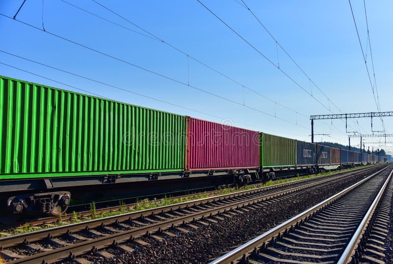 Cargo Containers Transportation on Freight Train by Railway. Intermodal ...