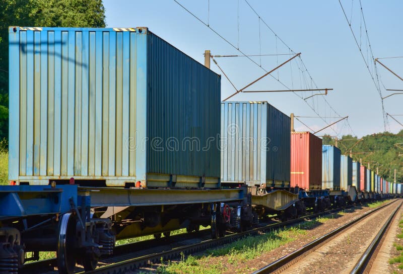 Freight Train, Transportation of Railway Cars by Cargo Containers ...