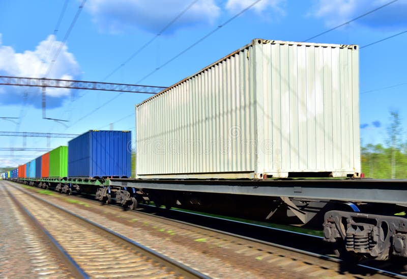 Cargo Containers Transportation on Freight Train by Railway. Intermodal ...