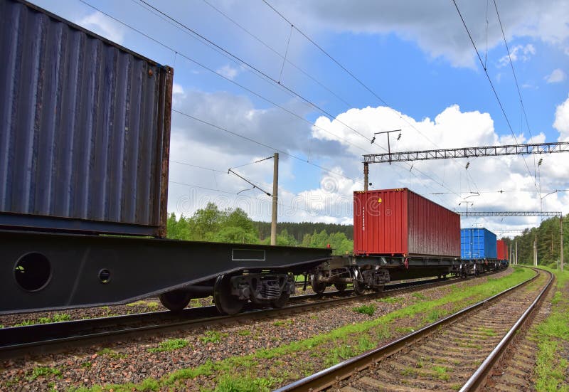 Cargo Containers Transportation on Freight Train by Railway. Intermodal ...