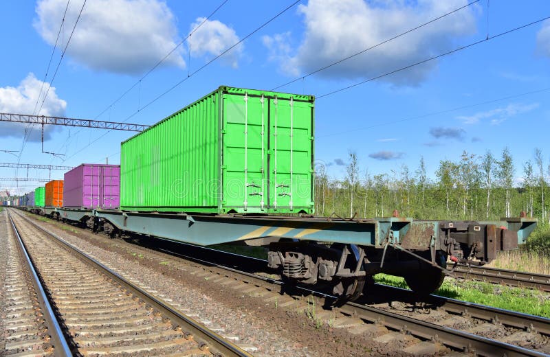 Cargo Containers Transportation on Freight Train by Railway. Intermodal ...