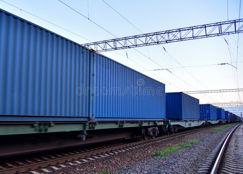 Cargo Containers Transportation on Freight Train by Railway. Intermodal ...