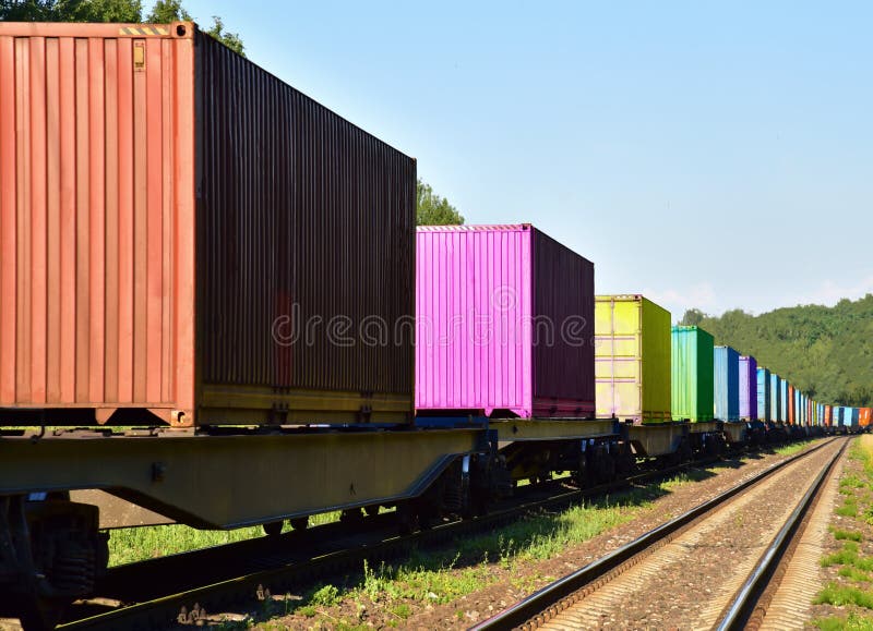 Cargo Containers Transportation on Freight Train by Railway. Intermodal ...