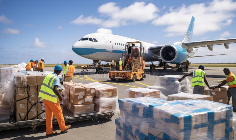 A Group of People Loading Boxes Onto a Plane Stock Illustration ...