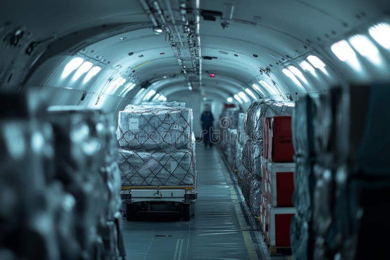 Cargo Delivery in Progress Inside a Spacious Airplane. the Space is ...