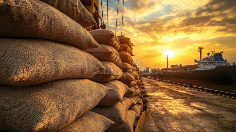 Cargo Dock at Sunset with Stacked Burlap Sacks and Moored Ship Stock ...