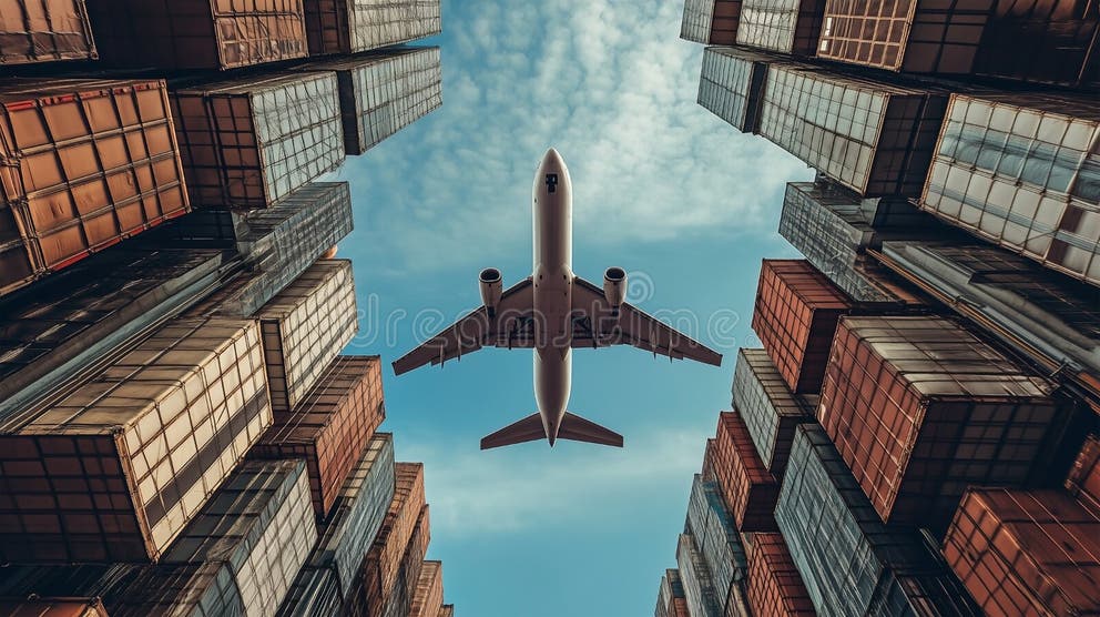 Cargo Flight Over Shipping Containers Stock Illustration - Illustration ...