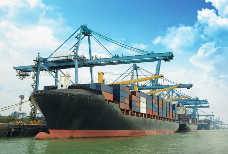 Cargo Ship and Container Box Over Shipping Dock Stock Image - Image of ...