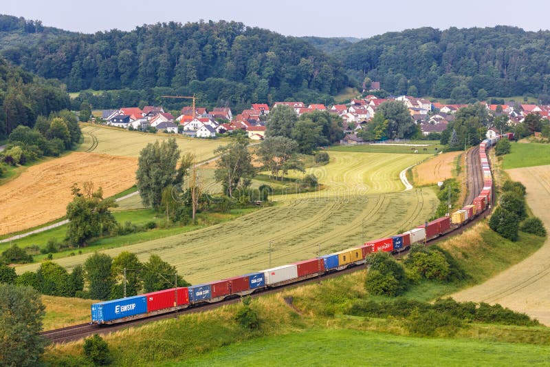 Cargo Freight Train with Containers on the Filstalbahn in Lonsee ...