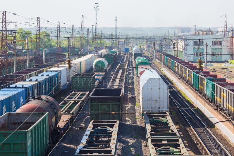 Cargo Junction of the Railway Track. Freight Wagons are on the Railway ...