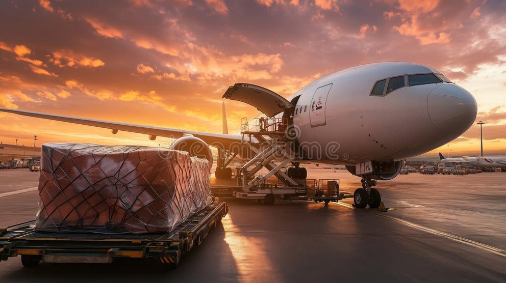 Cargo Loading on Boeing 777 at Sunset with Vibrant Sky and Airport ...